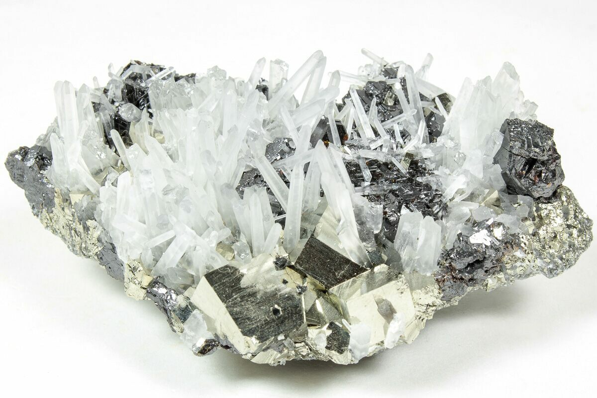 3.6" Gleaming Pyrite and Sphalerite (Marmatite) on Quartz - Peru ...